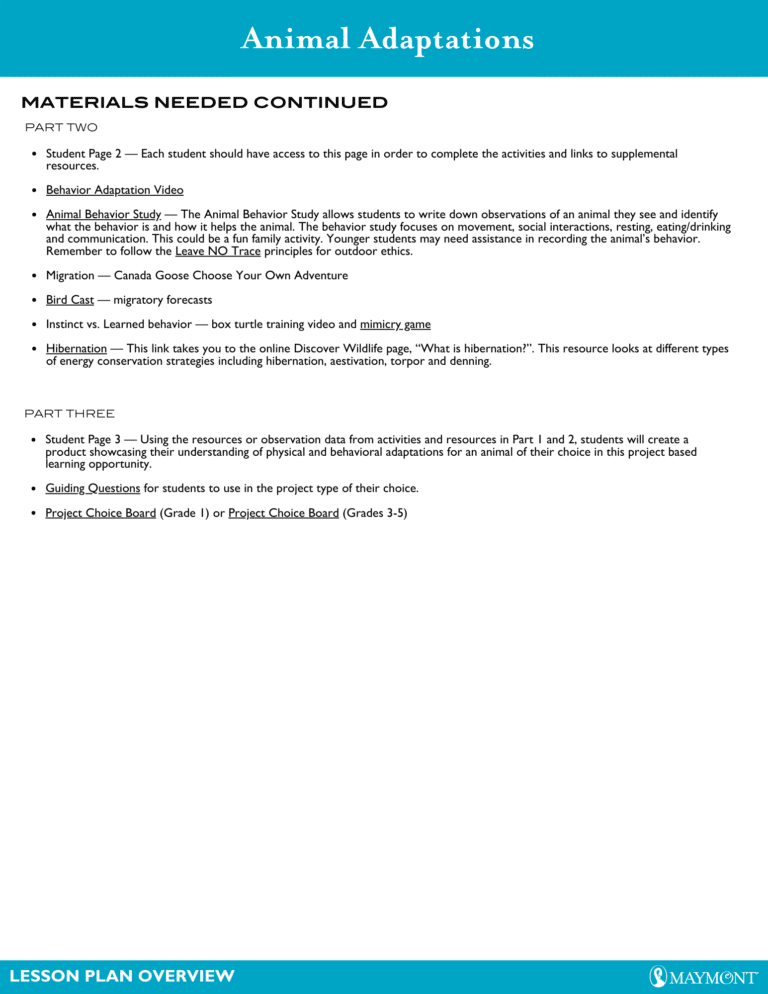 Animal Adaptations Lesson Overview PG2 | Maymont